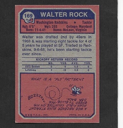 1973 Topps NFL Football #169 Walter Rock, Washington Redskins, NM NRMT ...