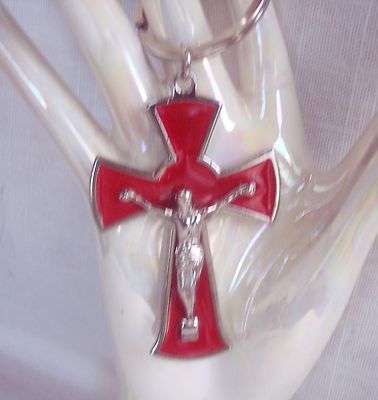 CRUCIFIX KEY RING CHAIN JESUS RELIGIOUS CHRISTIAN RED & SILVER - 2-1/2 ...