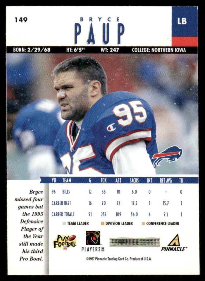 Bryce Paup 1997 Pinnacle Football #149 - Buffalo Bills | eBay
