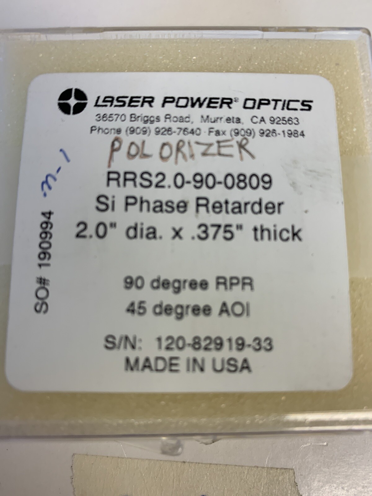 II-VI 190994 RRS2.0-90-0809 2.0”Dia. X .375”Thick 90 Degrees RPR ...