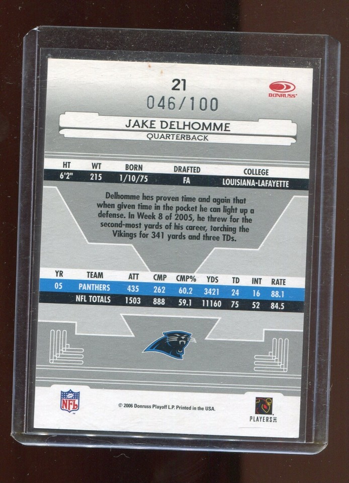 JAKE DELHOMME PANTHERS 2006 LEAF CERTIFIED FOOTBALL CARD #21 RED SP ...