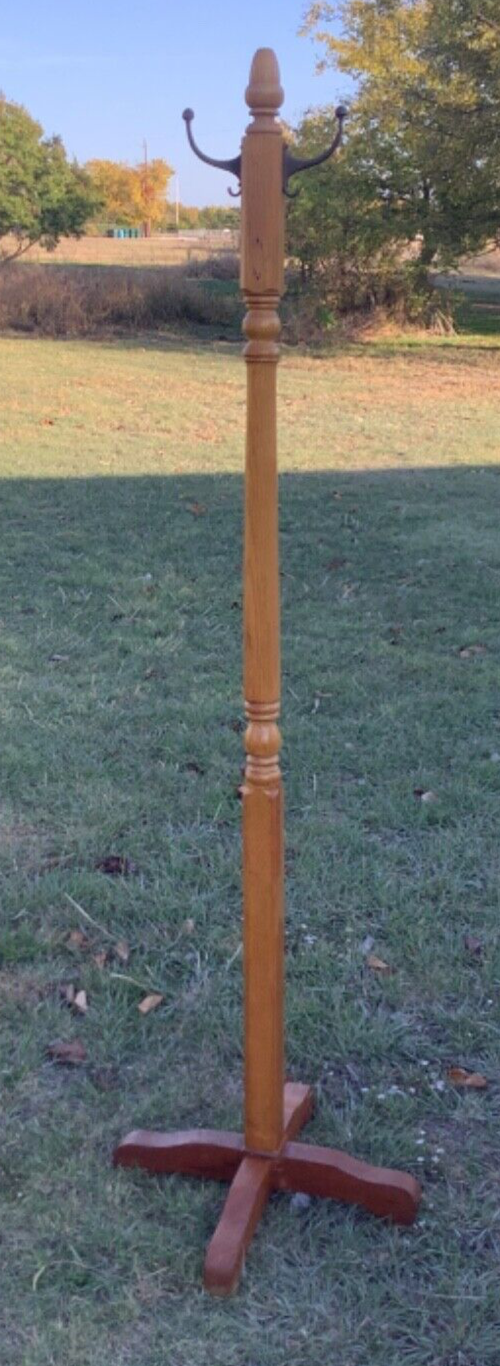 Antique vintage wooden wood Oak Hall Tree Coat Hat Rack brass hooks | eBay