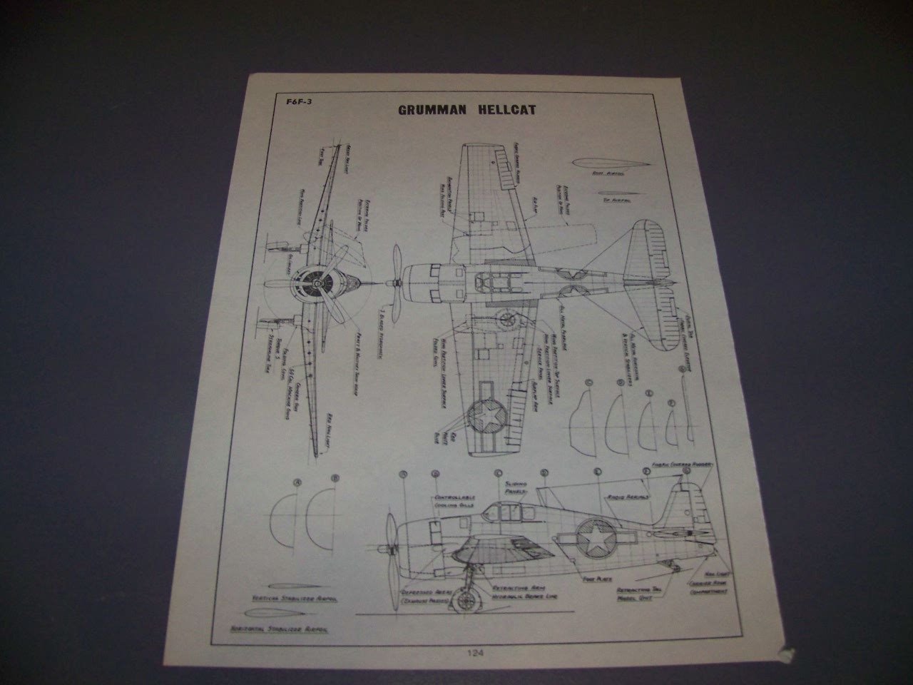 VINTAGE..GRUMMAN F6F-3 HELLCAT ...3-VIEWS/MEASUREMENTS/SPECS..RARE ...