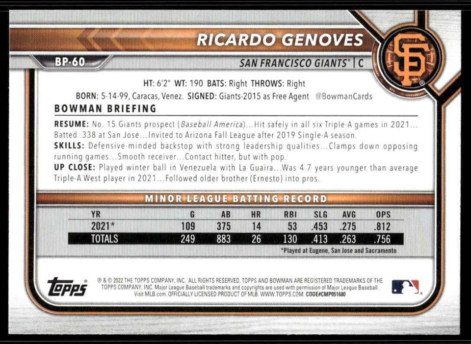 2022 Bowman Prospects Ricardo Genoves G681 San Francisco Giants #BP-60 ...