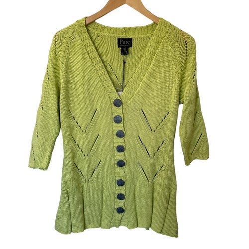 Pure Handknit Cardigan Sweater Womens M/L Chartreuse 3/4 Sleeve Button ...