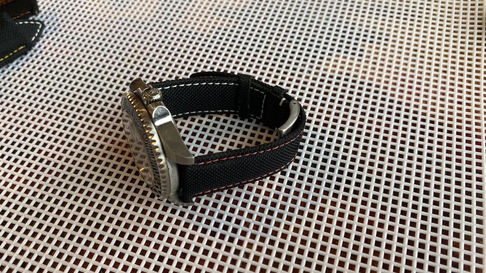 22mm BLACK Sailcloth Double Sided watch band strap RED Stitch Aged | eBay