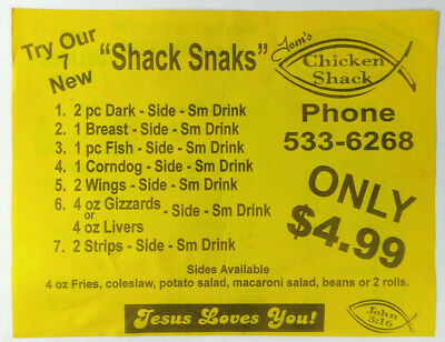 Original Menu TOM'S CHICKEN SHACK Restaurant Bartow Florida | eBay