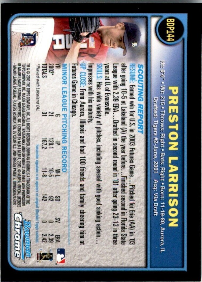 2003 Bowman Chrome Preston Larrison . Detroit Tigers #BDP144 | eBay