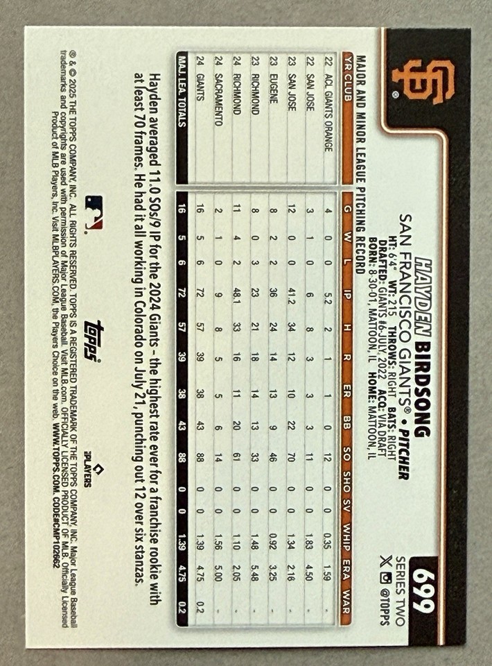 2025 Topps Series 2 - HAYDEN BIRDSONG (RC) RAINBOW FOIL #699 - Giants ...