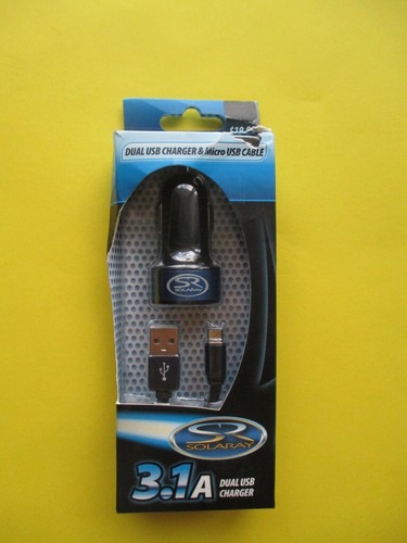 SOLARAY 3.1 A Dual USB Car Charger & Micro USB Cable -Black/Blue- OPEN ...