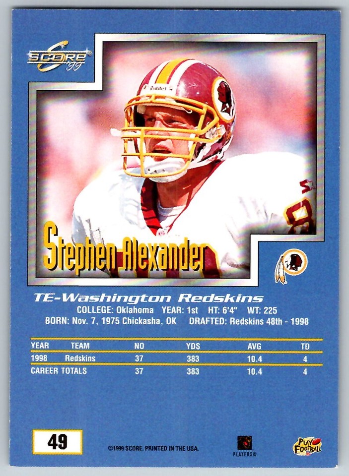 1999 SCORE STEPHEN ALEXANDER WASHINGTON REDSKINS #49 | eBay
