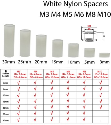 WHITE Nylon Standoff SPACERS Plastic Standoff Washers M3 M4 M5 M6 M8 ...