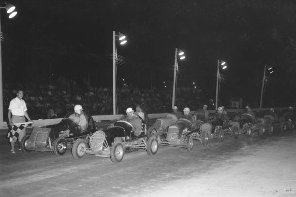 1950s field Midget racecars line up start an event dirt track 1950s Old ...