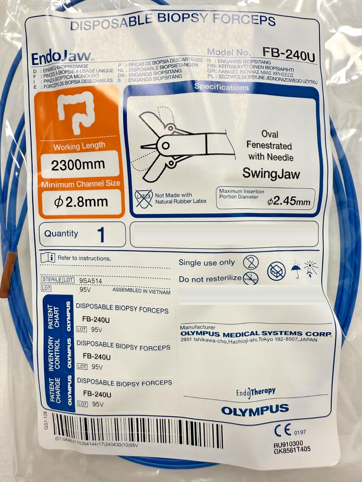 Olympus FB-240U Biopsy Forceps, 2.8mm x 230cm, Oval Fenestrated Jaw w ...