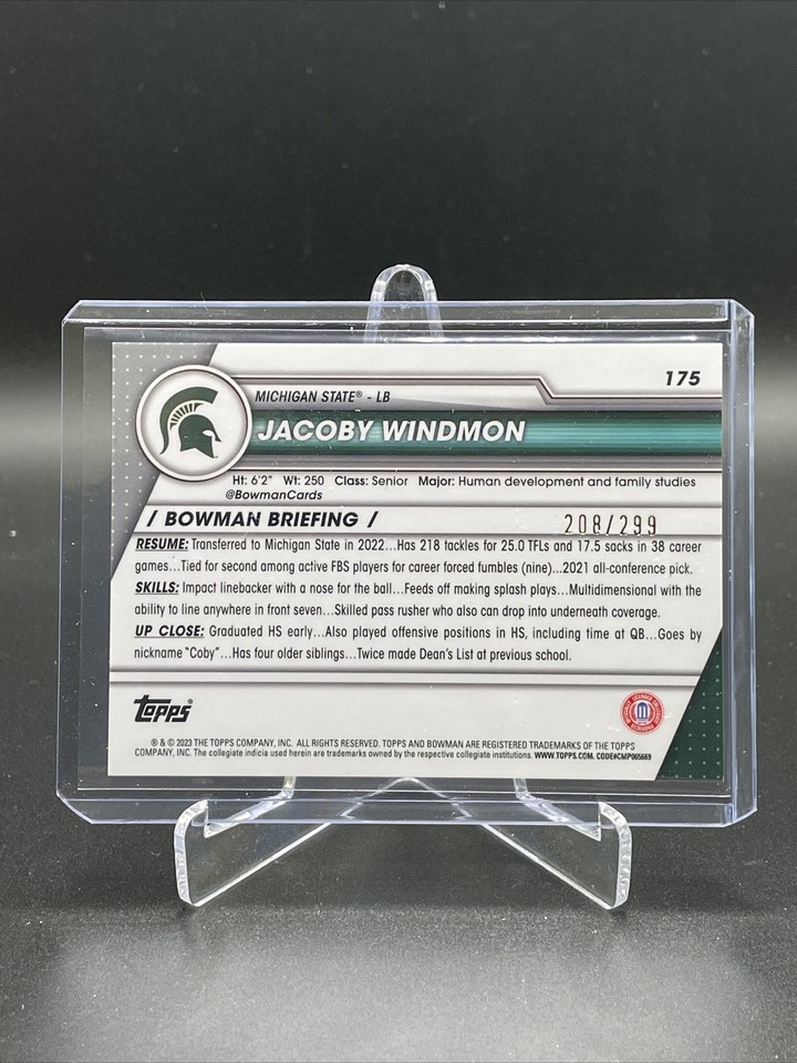 2023 Bowman U Chrome Football Jacoby Windmon Aqua Refractor 208/299 ...