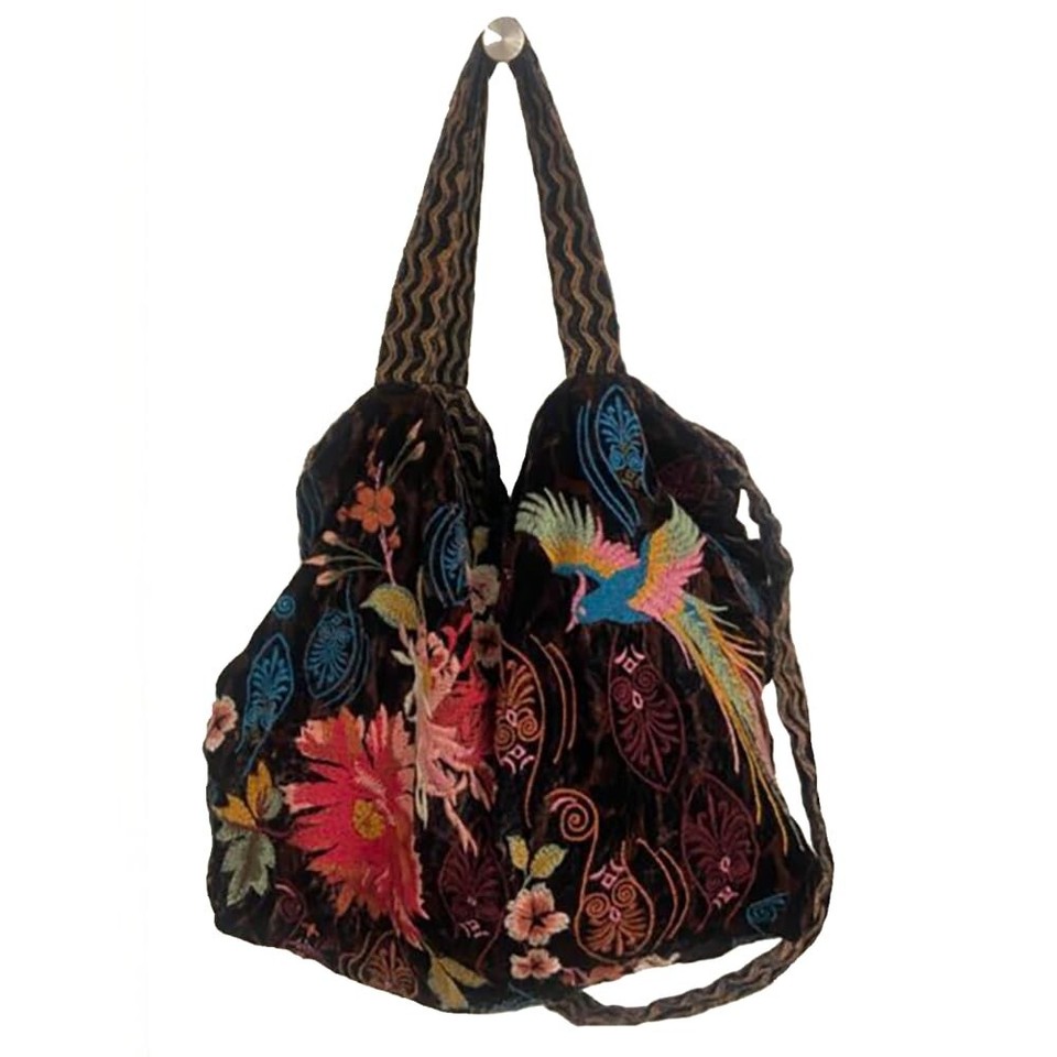 Johnny Was Ashira Velvet Tote Bag Floral Bird Tiger Eye Brown Handbag ...
