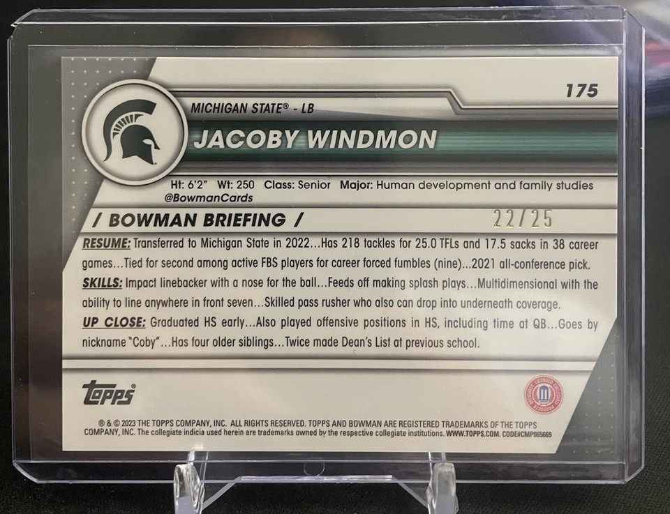 Jacoby Windmon Orange /25 2023 Bowman Chrome U University Michigan St ...