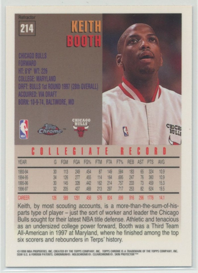 Keith Booth 1997-98 Topps Chrome Refractor RC Rookie #214 Chicago Bulls ...