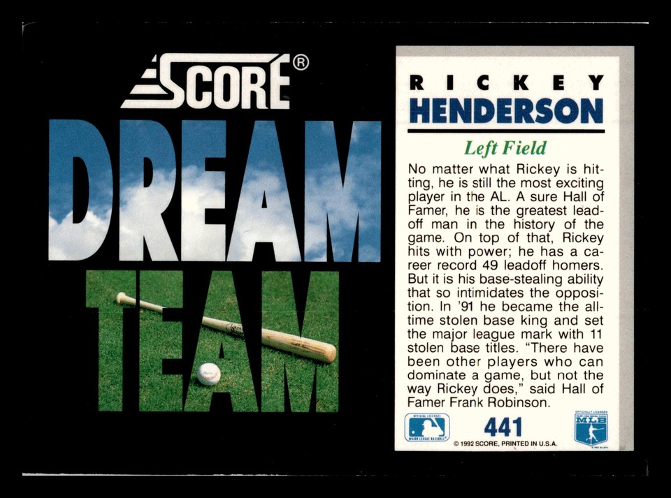 1992 Score Dream Team Rickey Henderson HOF #441 Oakland Athletics NM ...