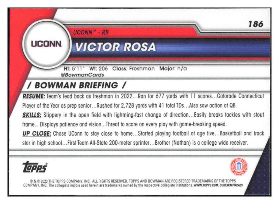 VICTOR ROSA RC 2023 Bowman University Chrome #186 ROOKIE NCAA NFL 1st B ...