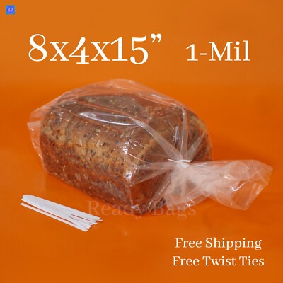 8x4x15 Clear Plastic Bread Bags w FREE TWIST TIES Bakery Food Gusset ...
