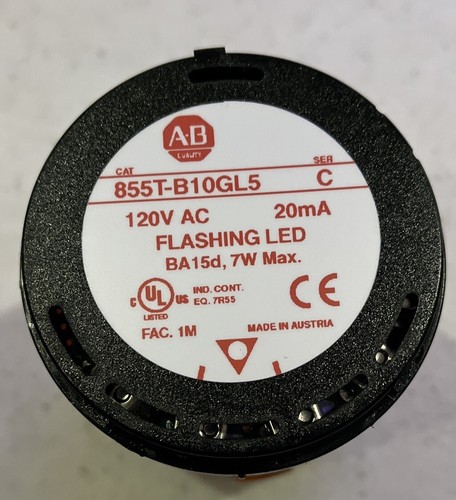ALLEN BRADLEY #855T-B10GL5 Stack Light Flashing LED Amber Ser C 120VAC ...