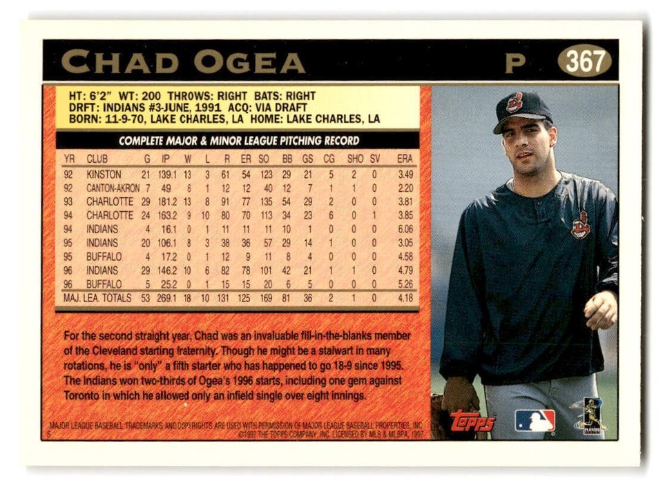 Chad Ogea 1997 Topps #367 Cleveland Indians BASEBALL | eBay