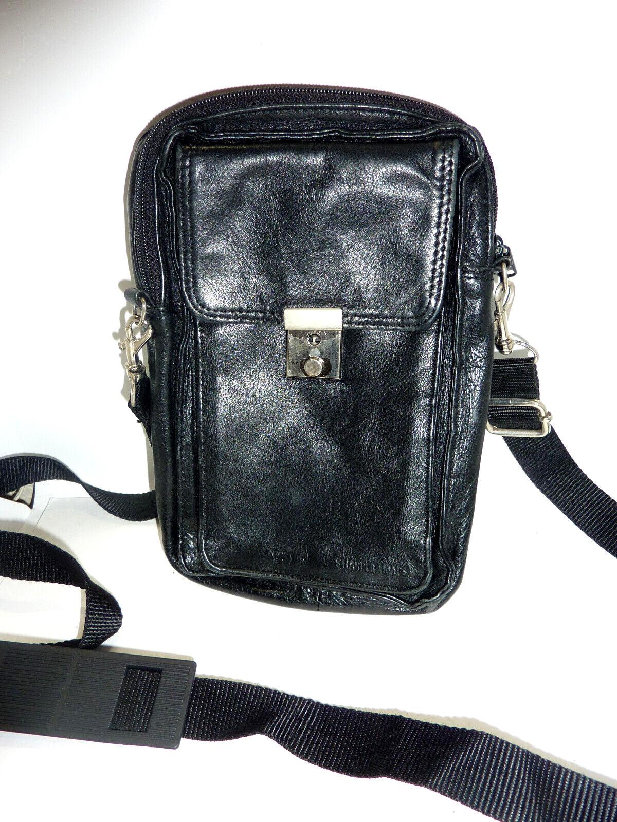 Vintage SHARPER IMAGE BLACK Leather Organizer Crossbo… - Gem