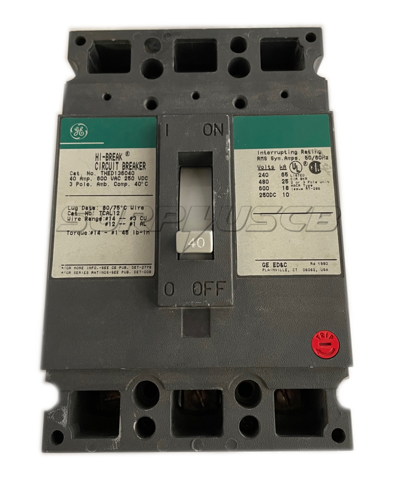 GE THED136040 Circuit Breaker, 3-Pole, 40 Amp, 600Vac, Bolt-On, Load ...