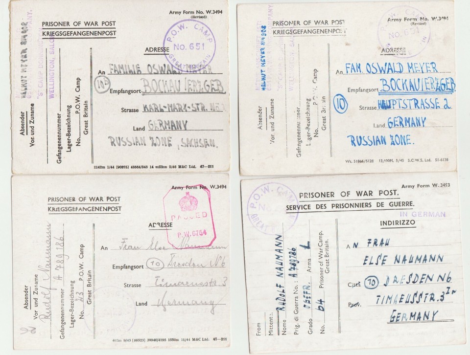 LOT OF 4 WWII GREAT BRITAIN POW CAMP 23, 651 FREE CARDS IN GERMAN 1945 ...