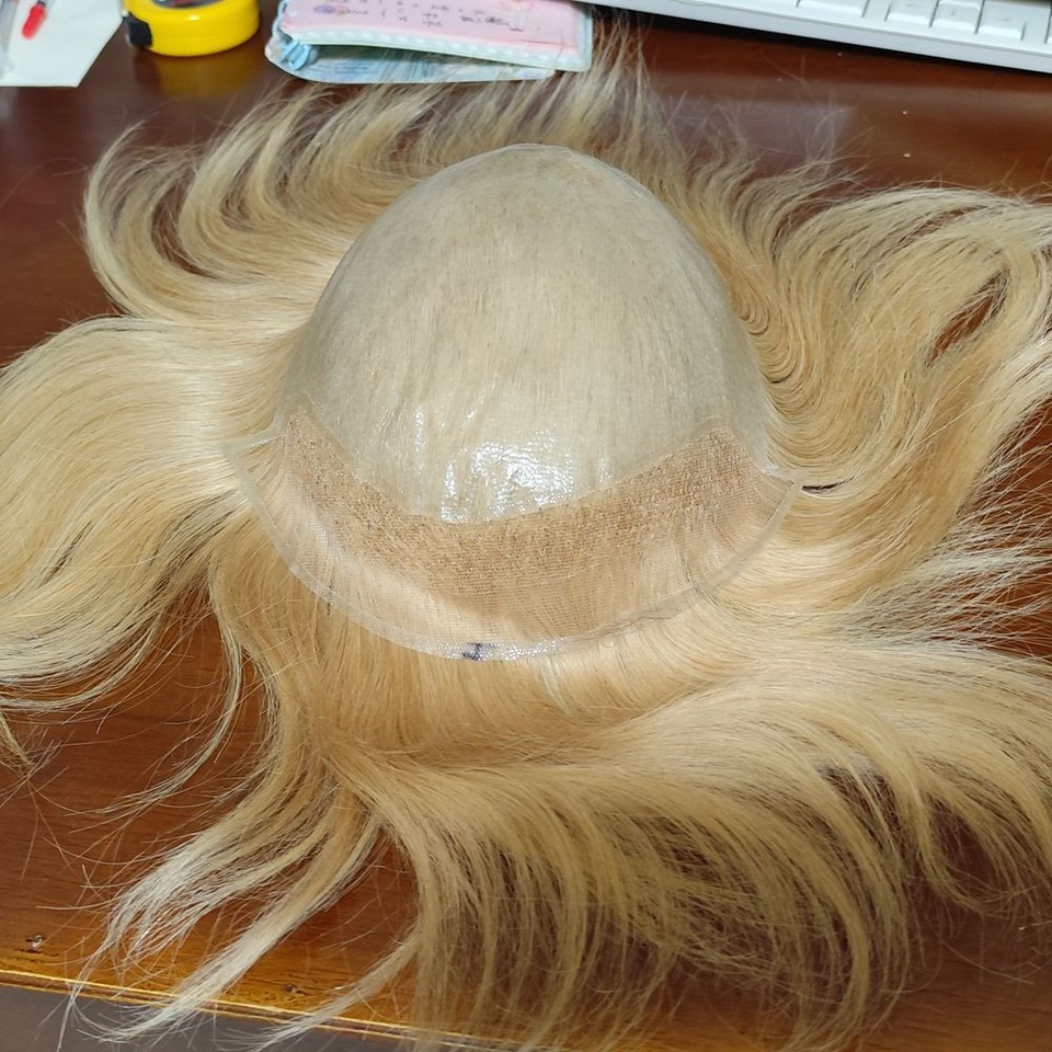 100% Human Hair Lace Front Blond Toupee Mens Wigs Prosthetic ...