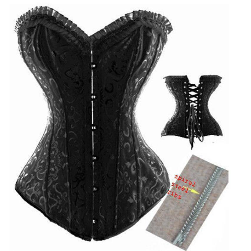 Women Black Burlesque Corset Basque Cincher Lace Up Steampunk Bustier ...