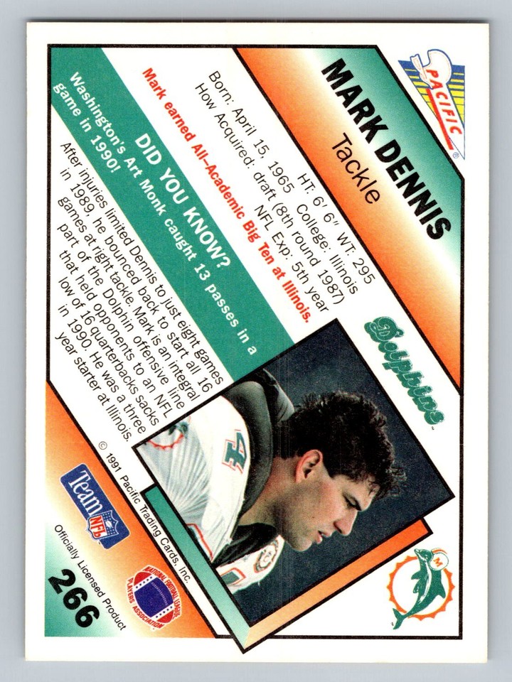 Mark Dennis RC Rookie 1991 Pacific #266 Miami Dolphins | eBay