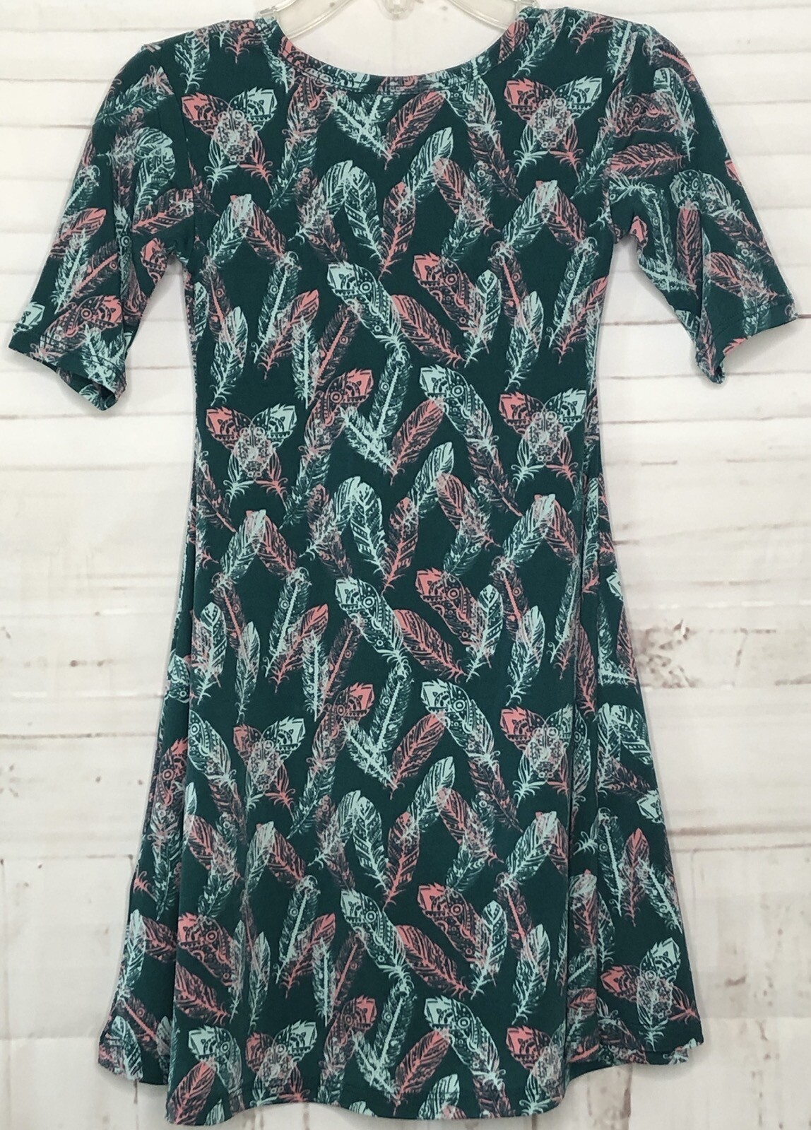 LuLaRoe Adeline Girls Green Feather Mid Sleeve Stretch Casual Dress Sz ...