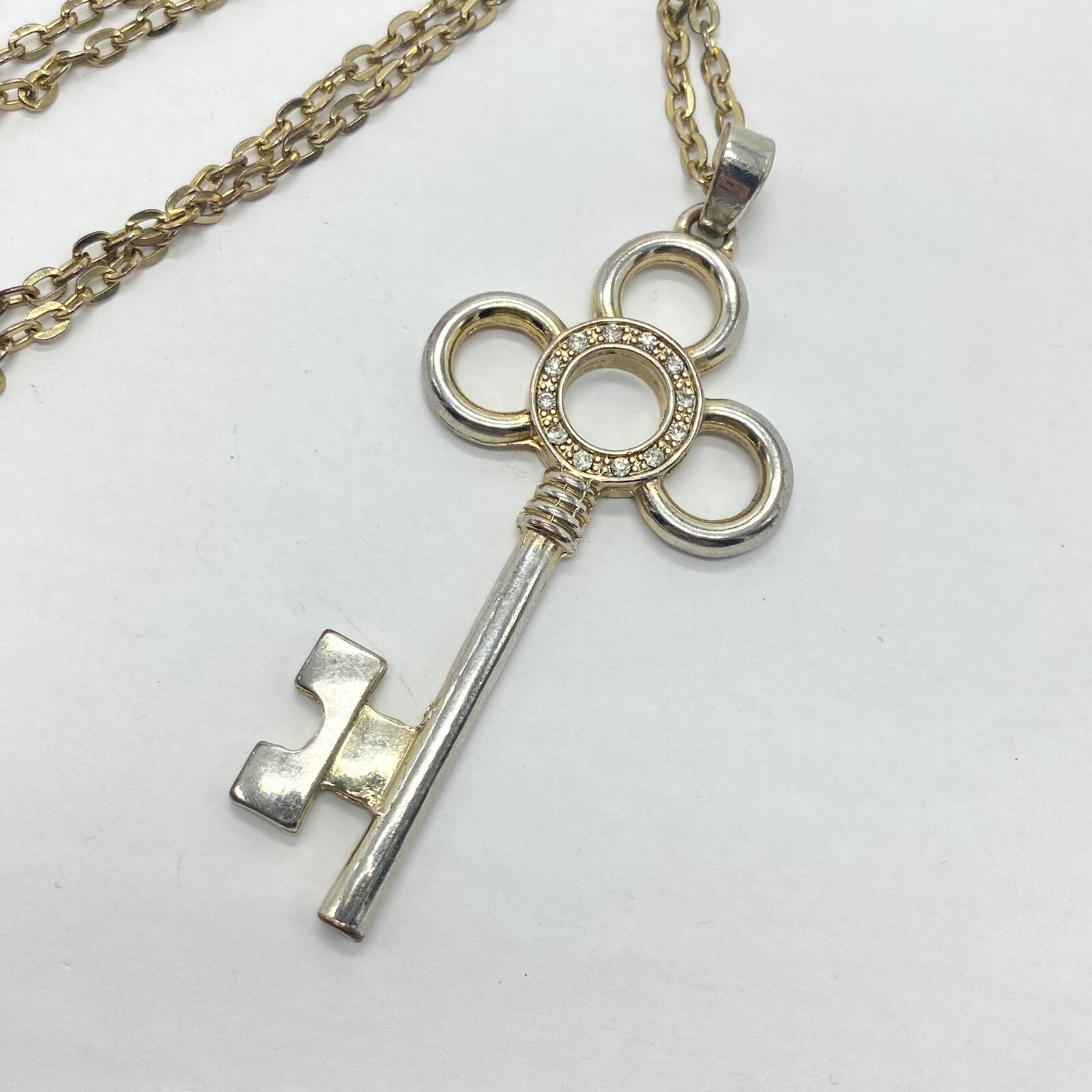 Key pendant with rhinestones gold tone chain necklace 34” skeleton key ...