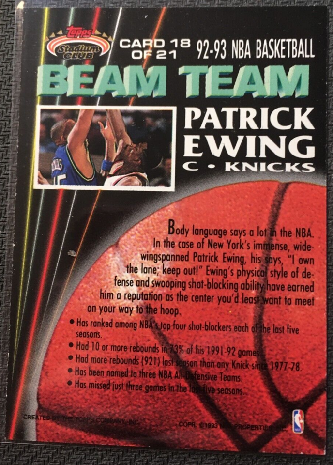 Patrick Ewing 1992-93 Topps Stadium Club Beam Team #18 New York Knicks ...