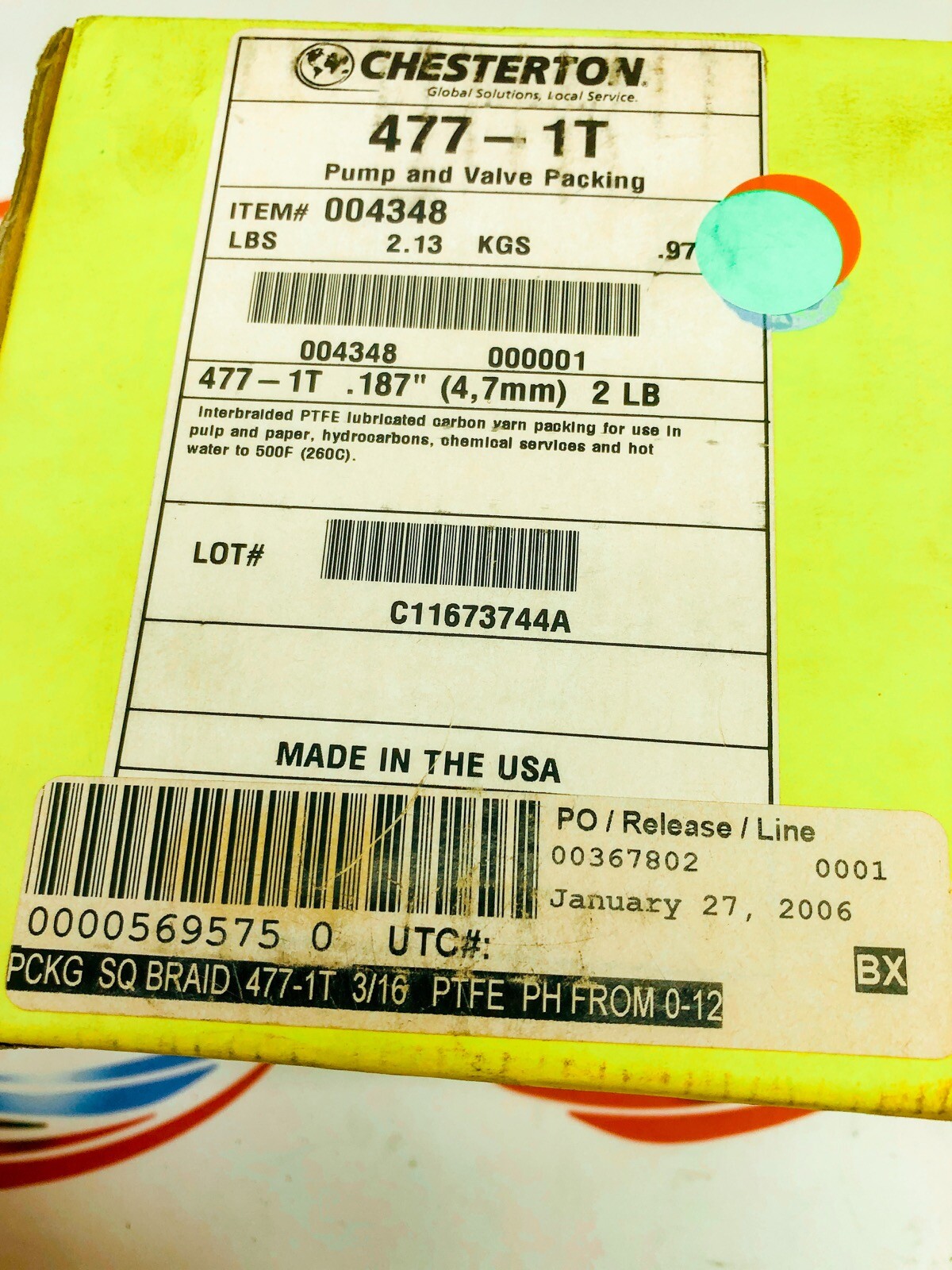 CHESTERTON STYLE 477-1T PTFE CARBON YARN MECHANICAL PACKING 3/16” 5.0mm ...