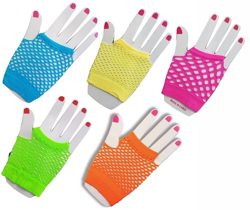 Neon Fingerless Net Gloves Festival Clubbing 80s 90s Rave Fancy Dress ...