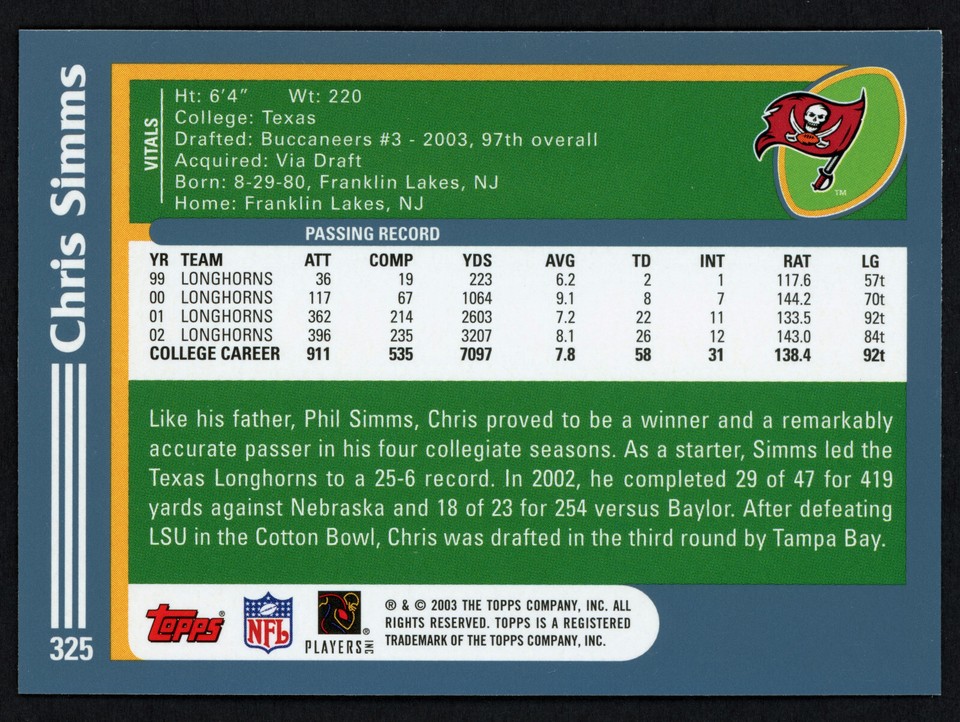 2003 topps 1st edition Chris Simms card # 324 bucs rookie | eBay