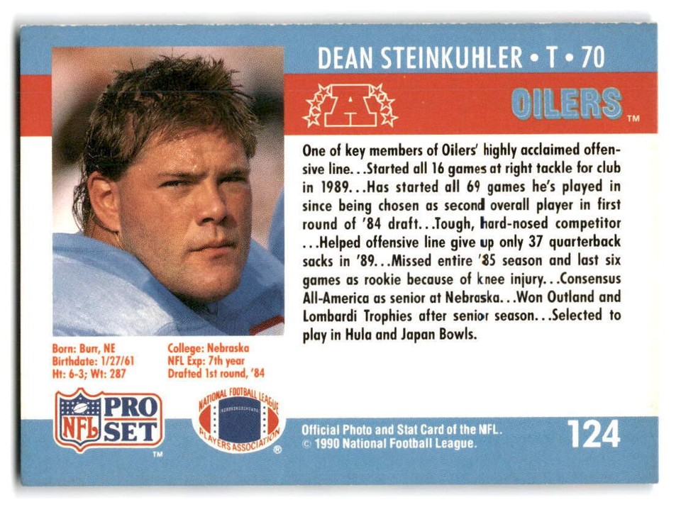 Dean Steinkuhler 1990 Pro Set #124 Houston Oilers FOOTBALL | eBay