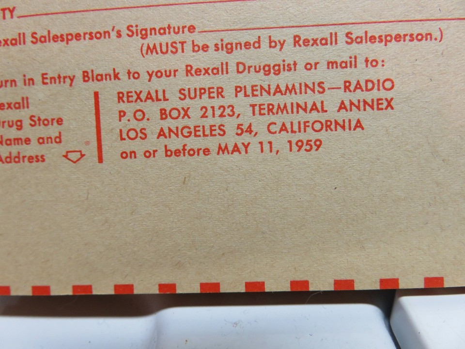 REXALL SUPER PLENAMINS RCA VICTOR CLOCK RADIO CONTEST ENTRY BLANK (1959 ...