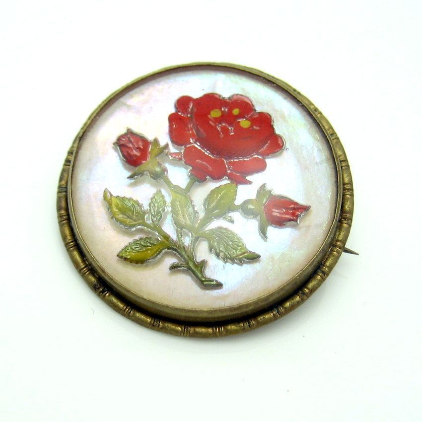 Victorian Vintage Encased Lucite Red Rose Flower Brooch Pin Mother of ...