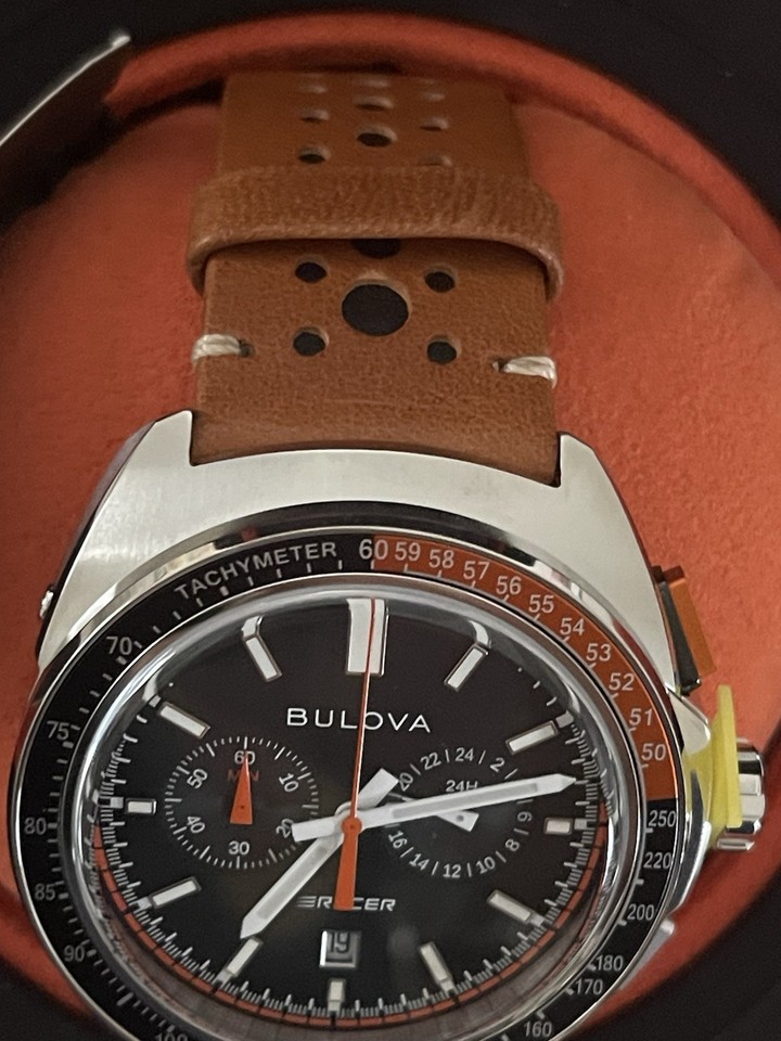 Bulova Racer Chronograph Leather Strap Black Dial Quartz 98B427 100M ...