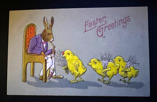 Dressed Rabbit in Chair with Pipe~Chicks~Antique Easter Fantasy ...