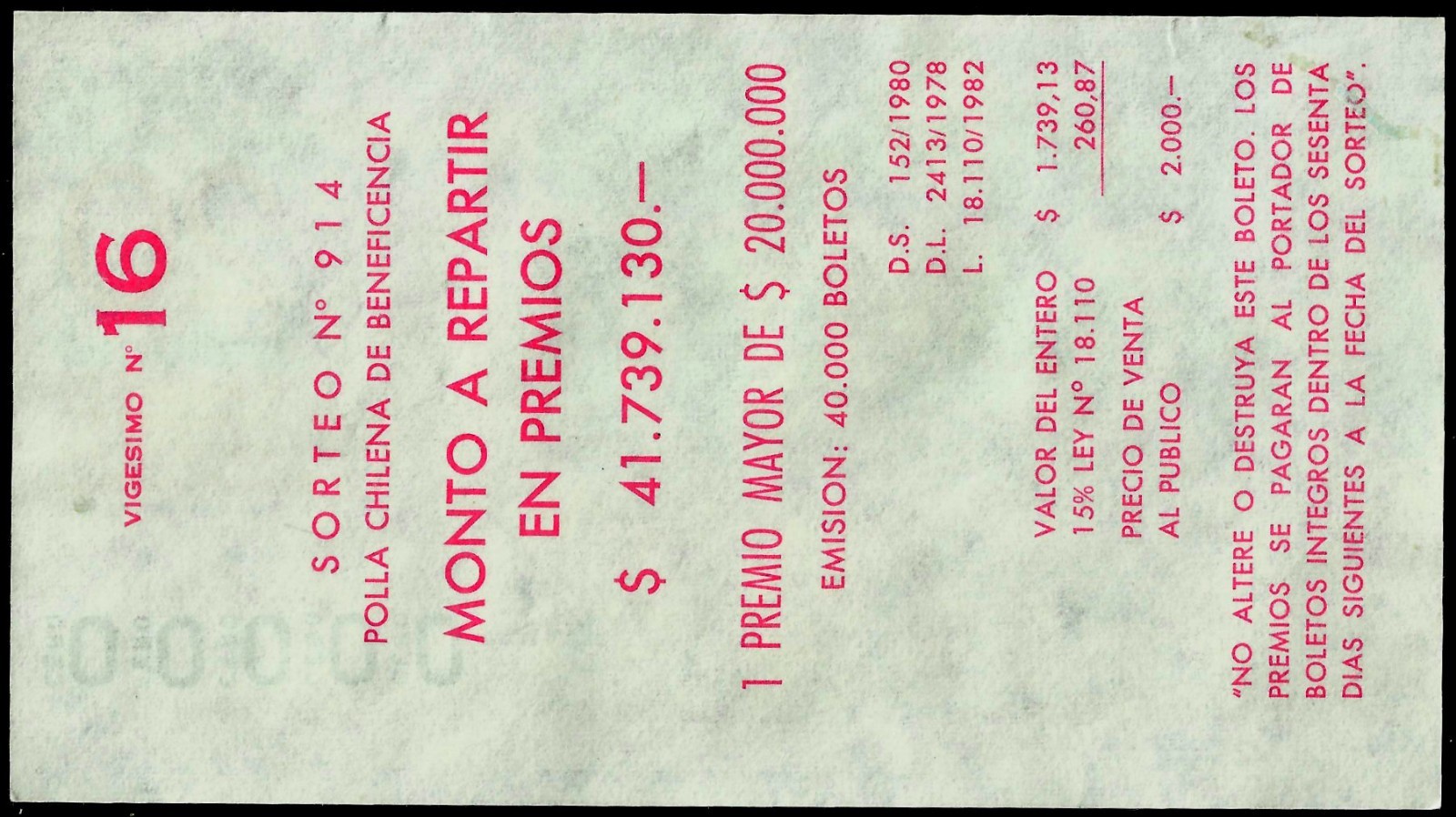 CHILE, LOTTERY TICKET, "POLLA CHILENA", GAME # 914, YEAR 1983, NUMBER ...
