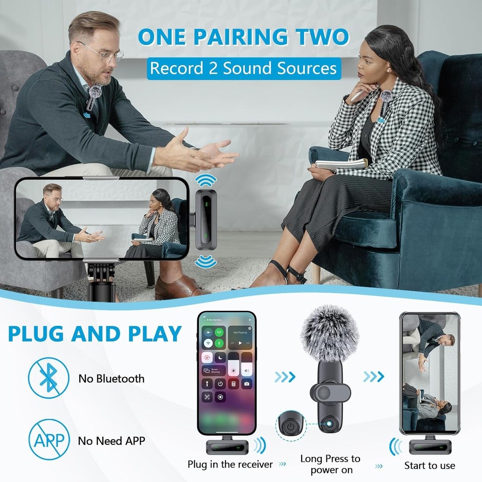 Wireless Microphone Mini Mic for iPhone/Android Phone, LED Black iPhone ...