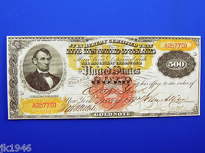 Reproduction $500 1870 Gold Cert. Uni-Face Note US Paper Money Currency ...