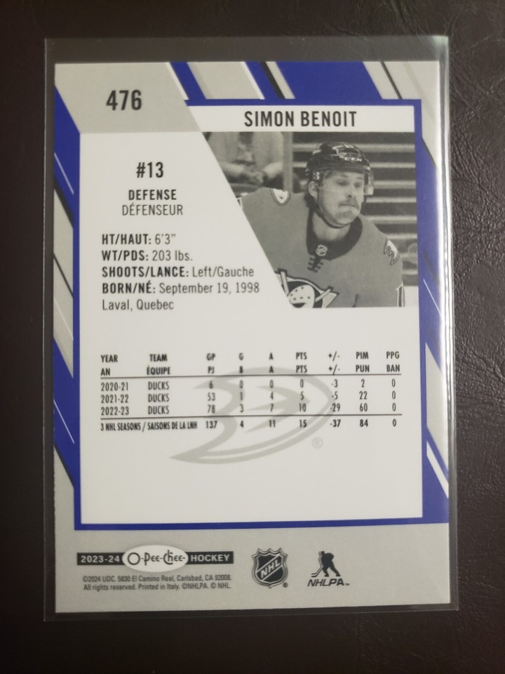 2023-24 Simon Benoit BLUE O-Pee-Chee Hockey Anaheim Ducks | eBay