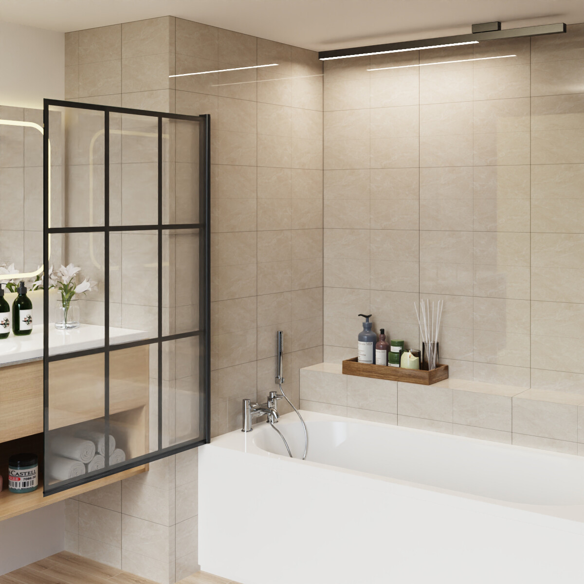 Matt Black Grid Pivot Shower Bath Screen 6mm Glass Panel 800x1400mm ...