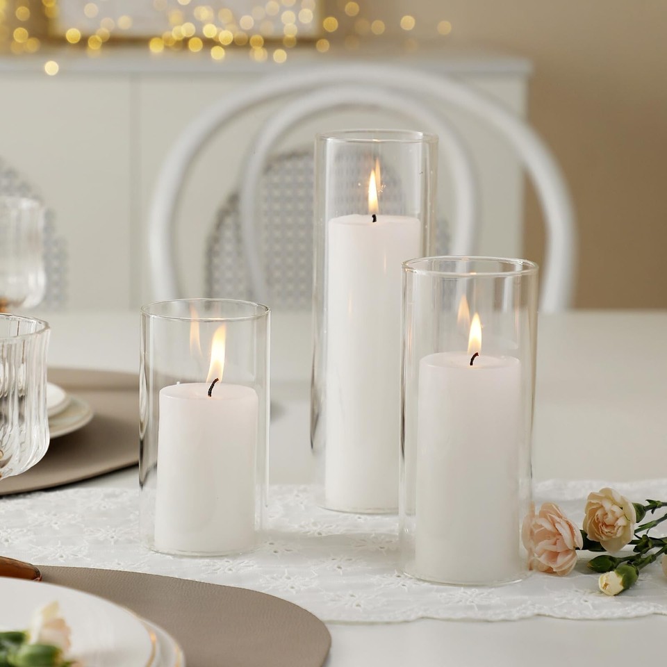 UDU Set of 12 Pillar Candles and 12 Hurricane Candle Holders, Slim ...